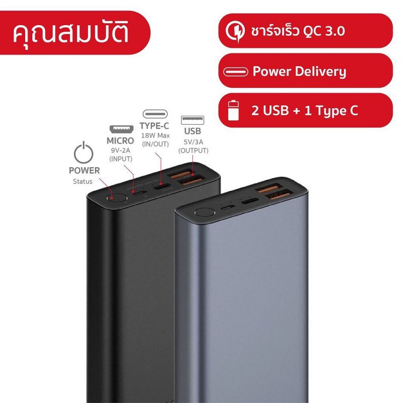 Eloop E37 แบตสำรอง Power Bank 22000 mAh (สีดำ) – Double A Delivery