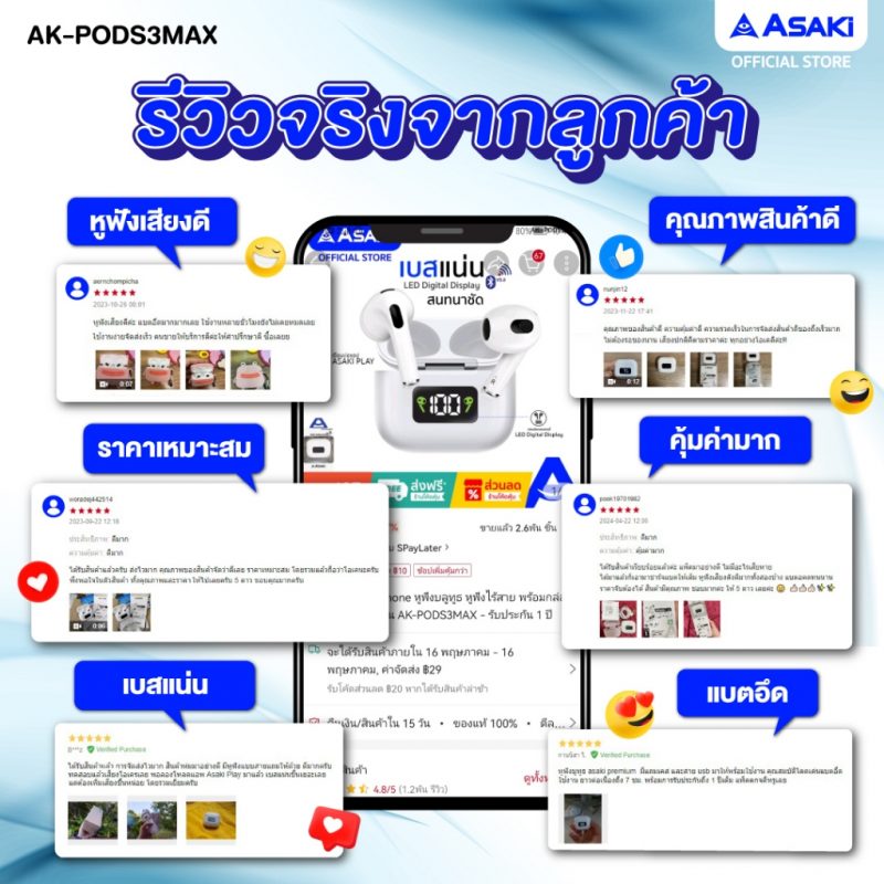 Asaki Earphone หูฟังบลูทูธ หูฟังไร้สาย พร้อมกล่องชาร์จ มีจอ LED รุ่น AK ...